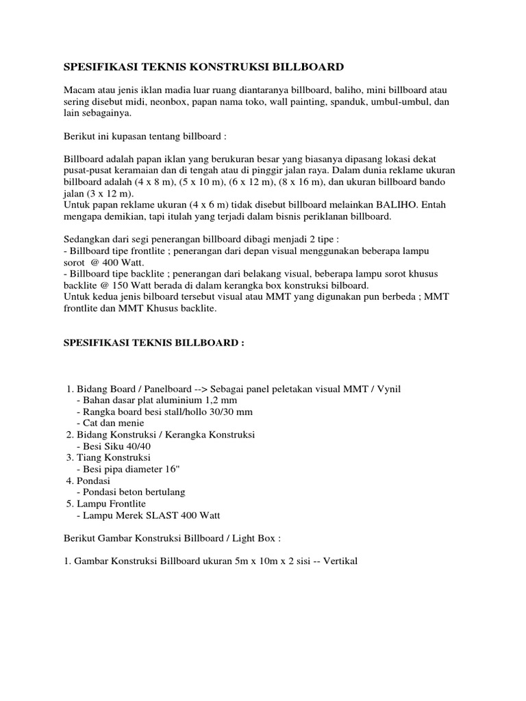 Spesifikasi Teknis Konstruksi Billboard | PDF