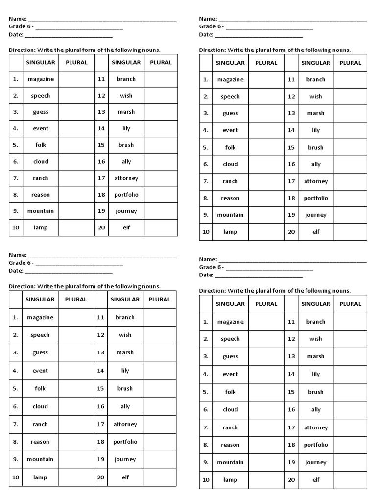 Grade 6 Plural Noun Worksheet | PDF | Grammatical Number | Plural