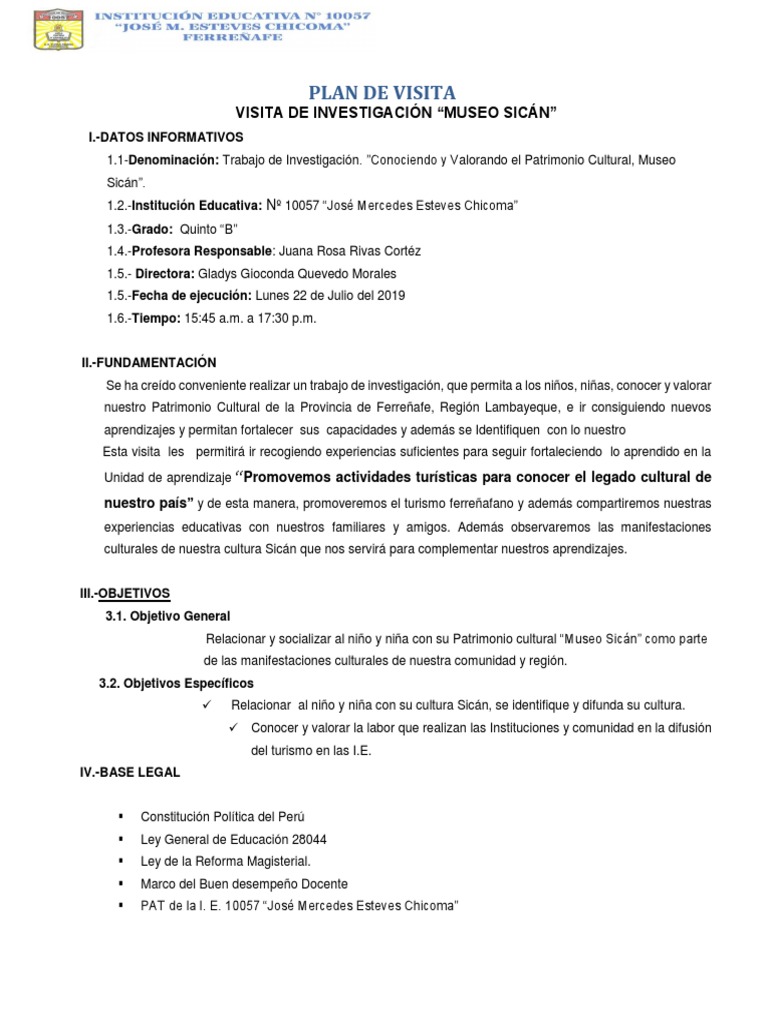 PLAN DE VISITA AL MUSEO SICÁN 5to | PDF | Museo | Maestros