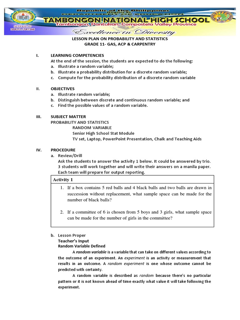 Probability and Statistics Lesson Plan | PDF | Probability Distribution ...