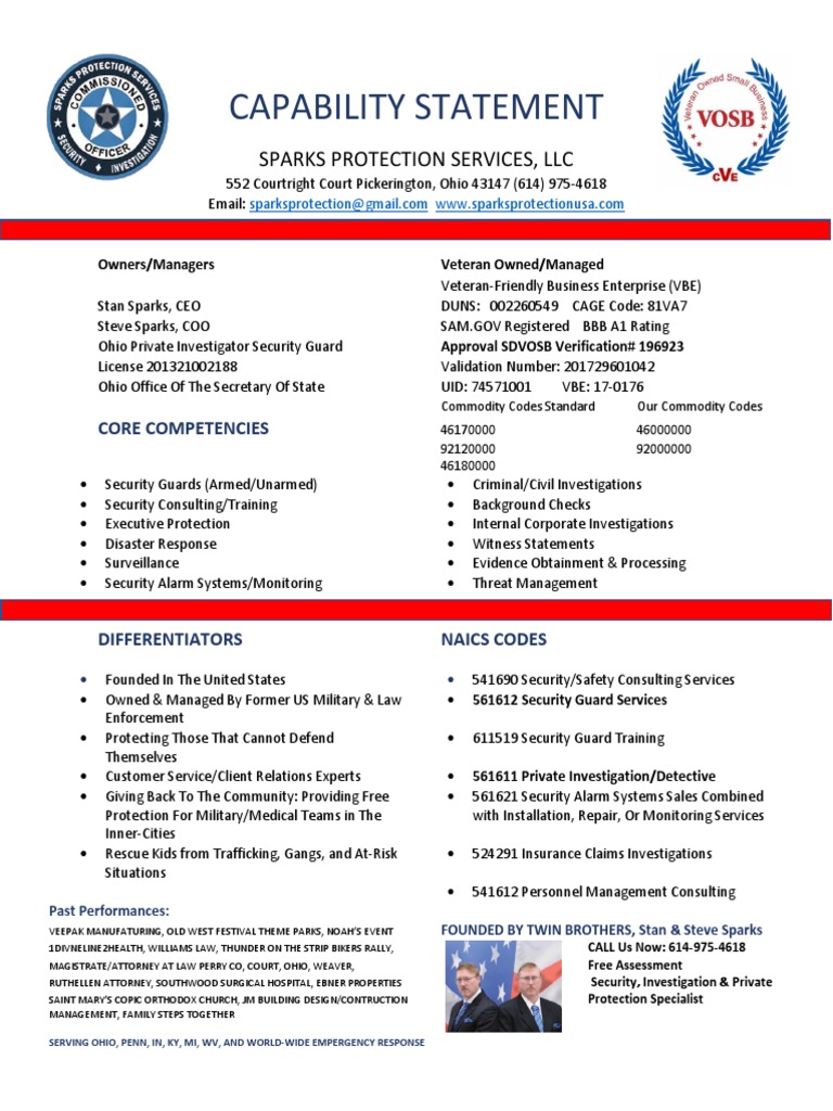 Capability Statement: Sparks Protection Services, LLC | PDF | Security Guard | Private Investigator