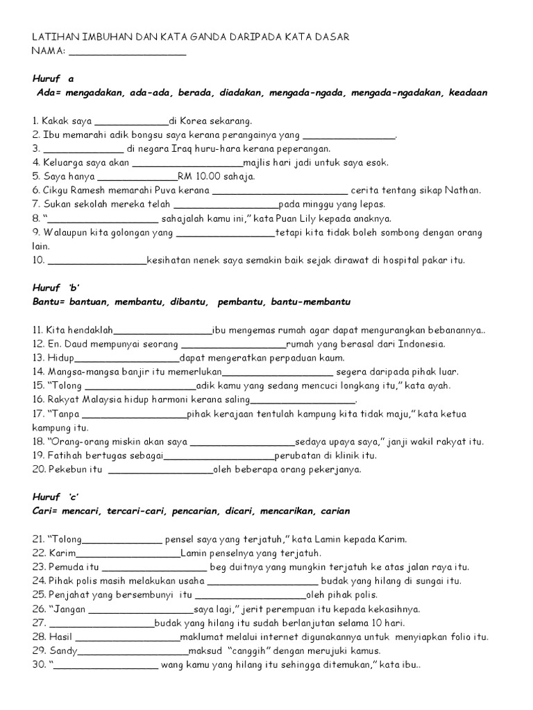 Latihan Imbuhan Dan Kata Ganda Daripada Kata Dasar | PDF