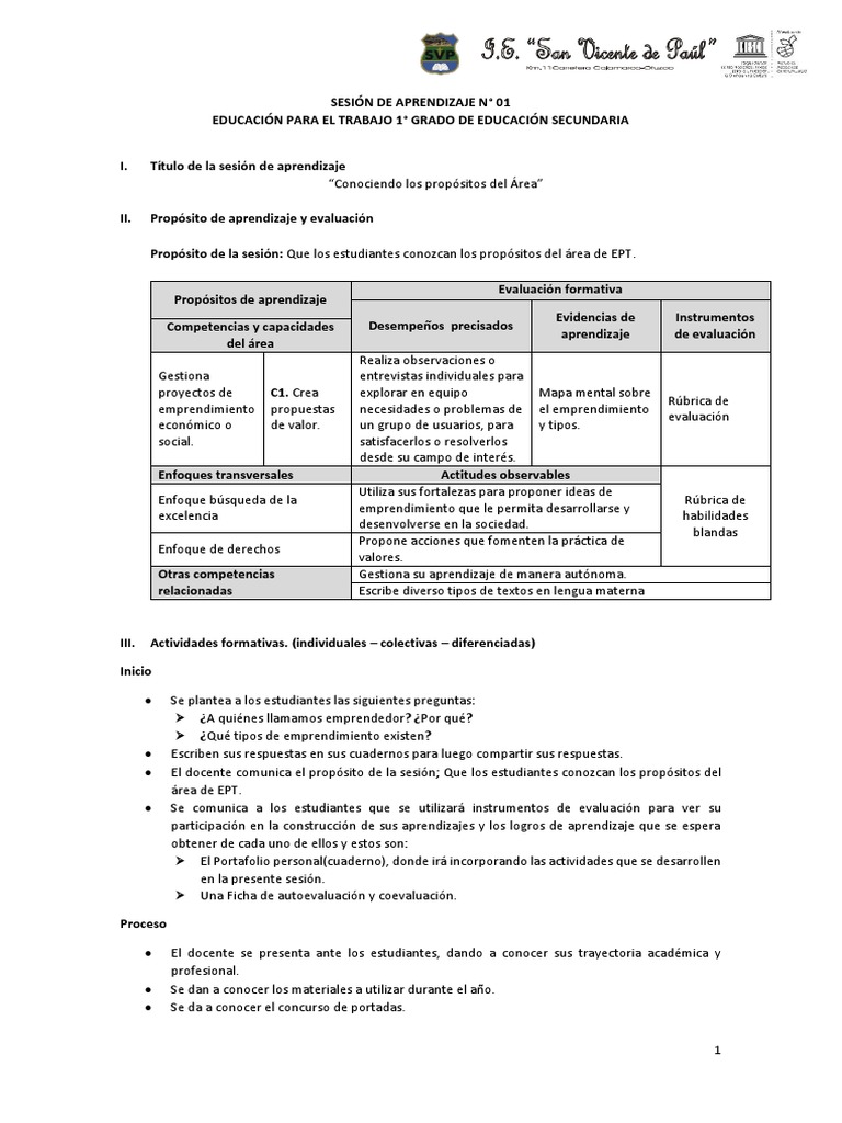 Ept 1ro Sesion 01 | PDF | Iniciativa empresarial | Evaluación