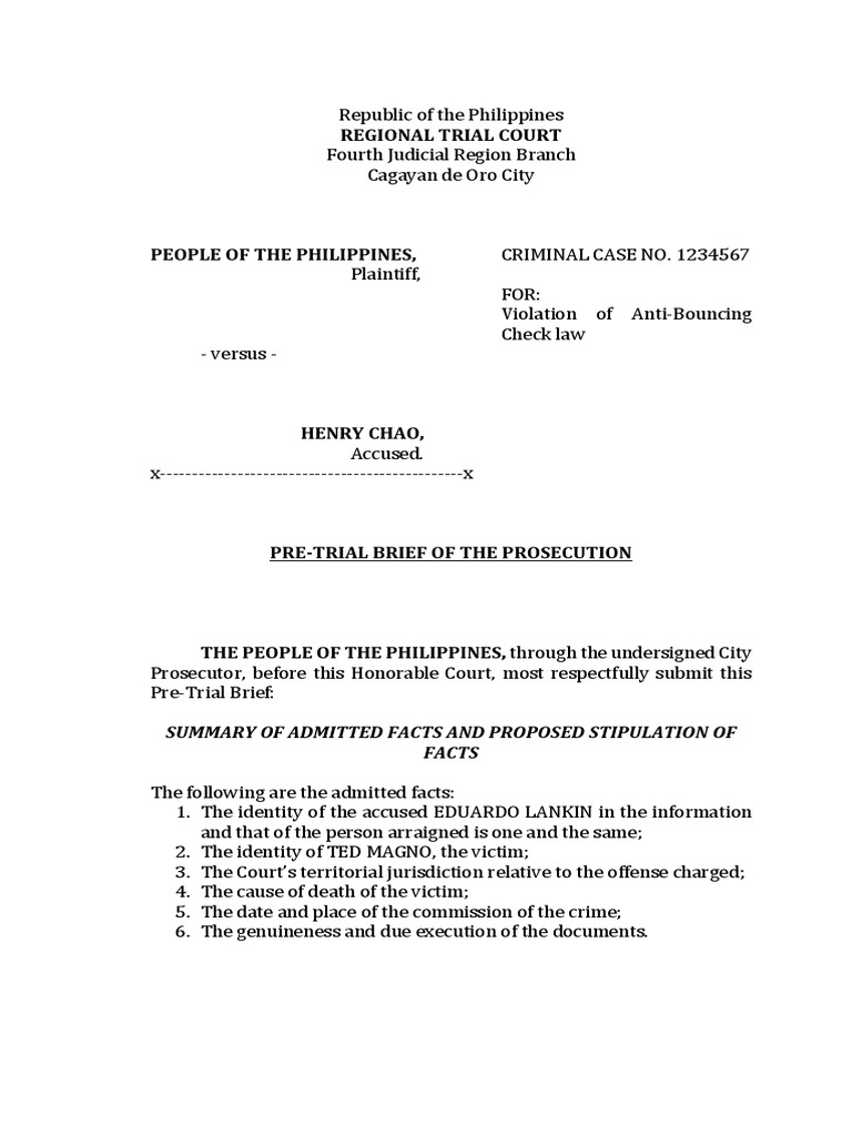 Regional Trial Court: Summary of Admitted Facts and Proposed ...