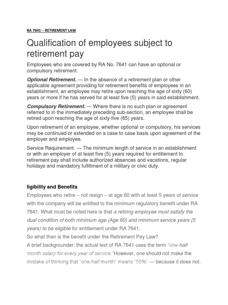 RA 7641 - Retirement Law | PDF | Pension | Employment