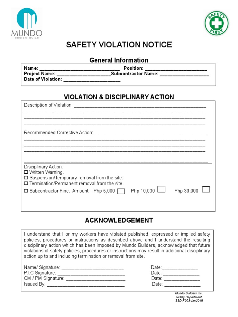 Safety Violation Notice Template | PDF