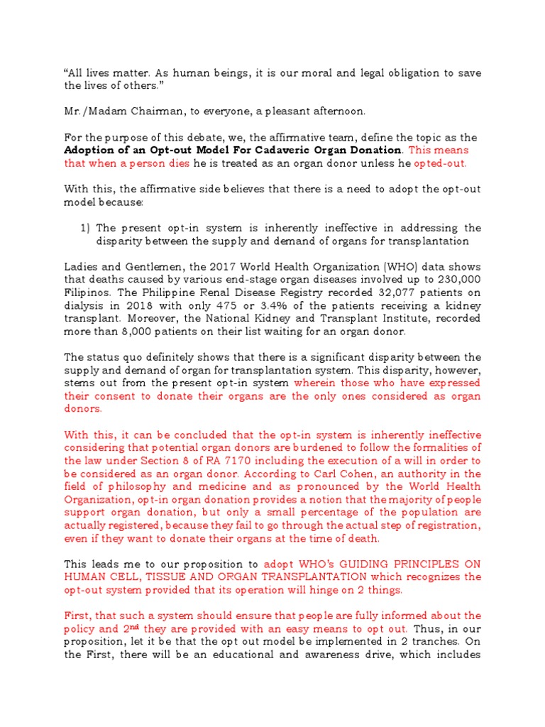 Adoption of An Opt-Out Model For Cadaveric Organ Donation | PDF | Organ ...