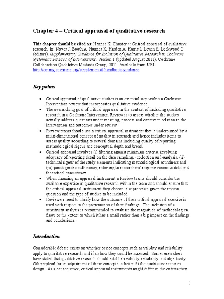 Chapter 4 - Critical Appraisal of Qualitative Research: Key Points ...