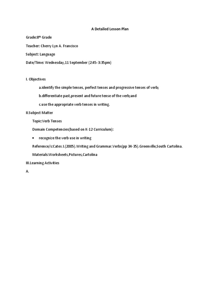 Detailed Lesson Plan Grade 8 | PDF | Grammatical Tense | Verb