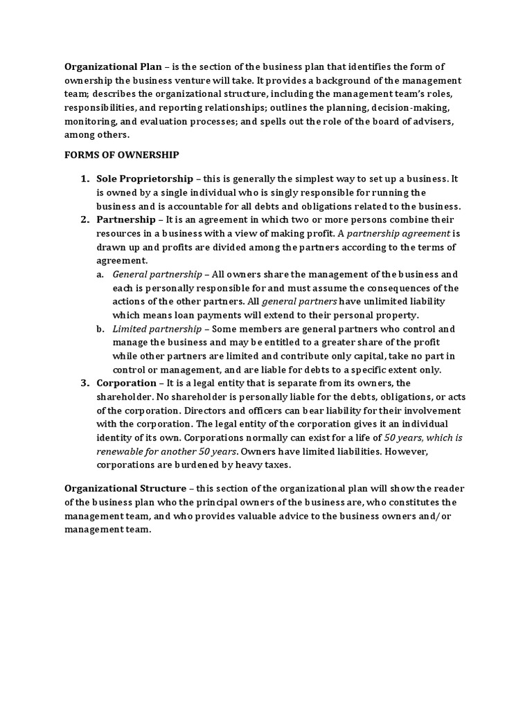 Organizational Plan | PDF | Partnership | General Partnership