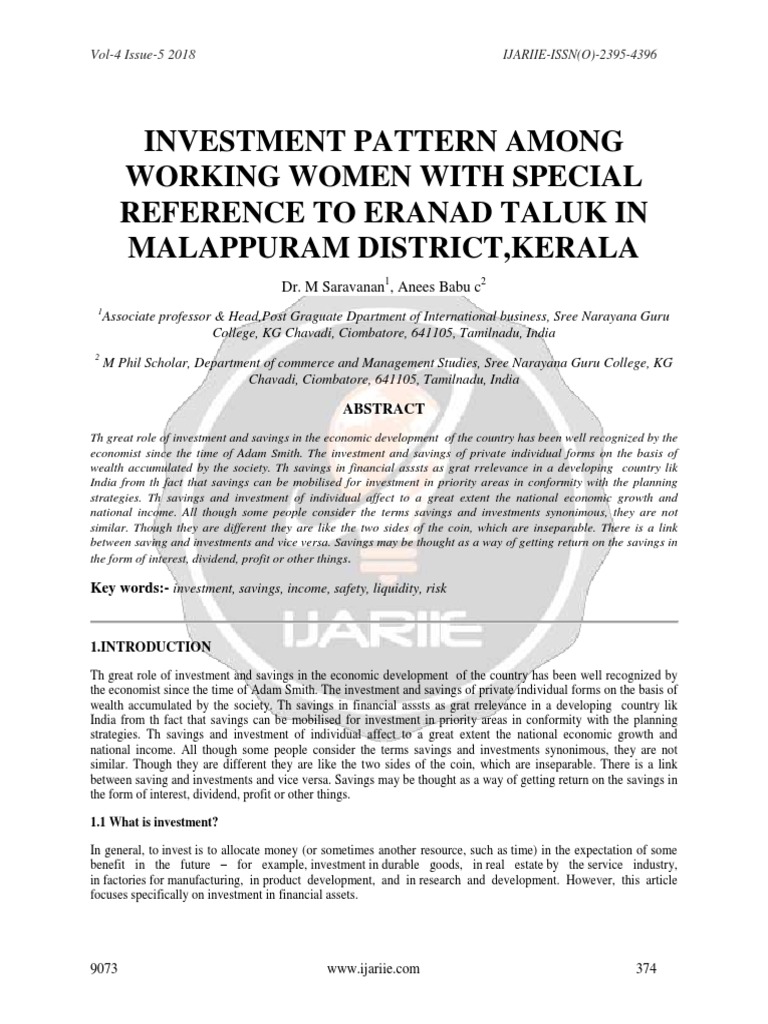 Investment Pattern Among Working Women With Special Reference To Eranad ...