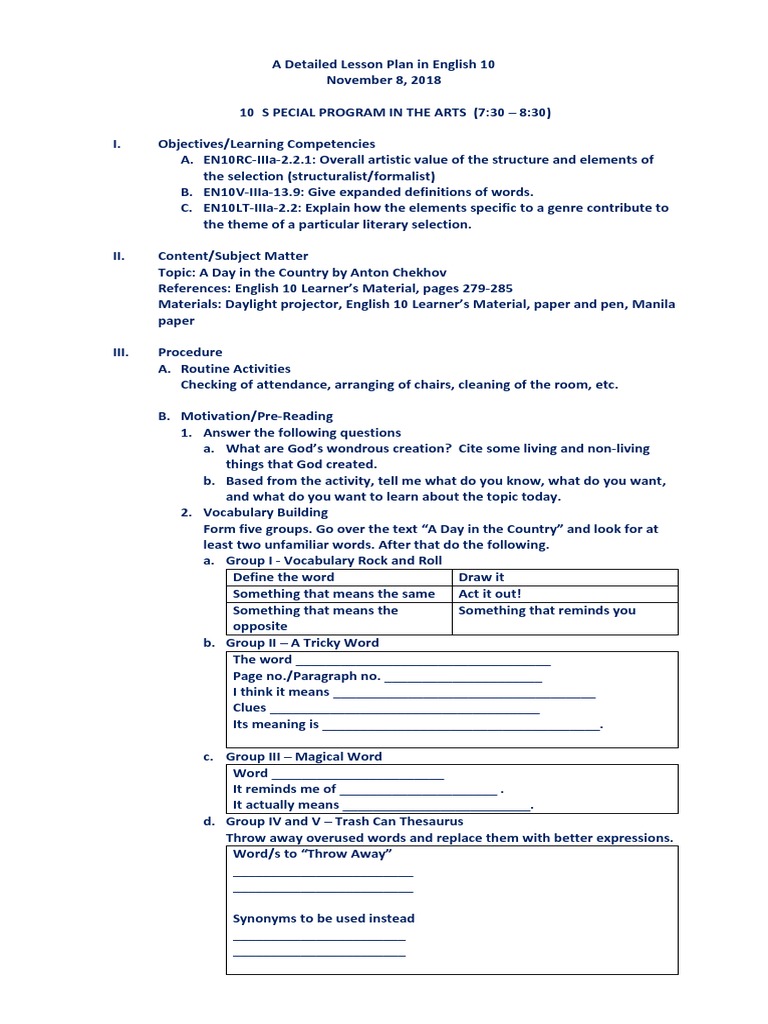 English 10 Lesson Plan: Chekhov's Story | PDF | Narration | Lesson Plan