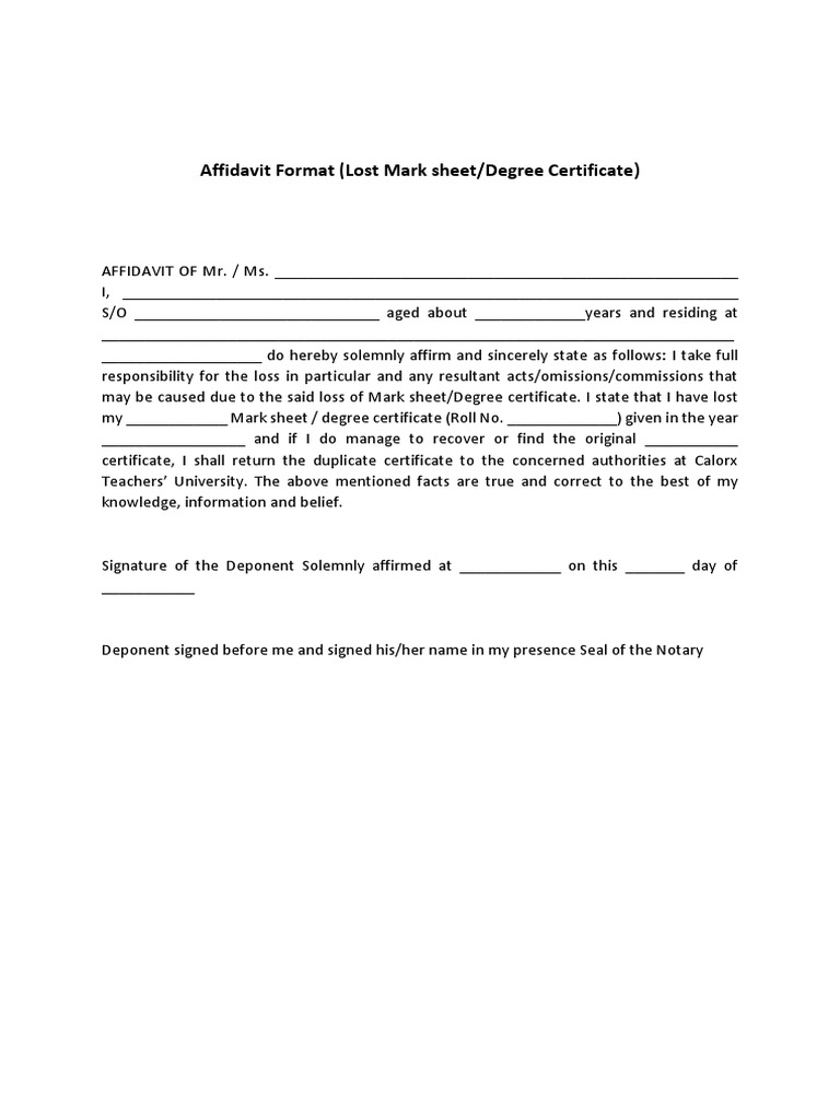 Affidavit Format Lost Marksheet | PDF