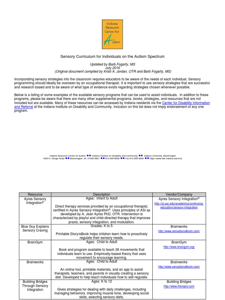Sensory Curriculum For Individuals On The Autism Spectrum | PDF ...