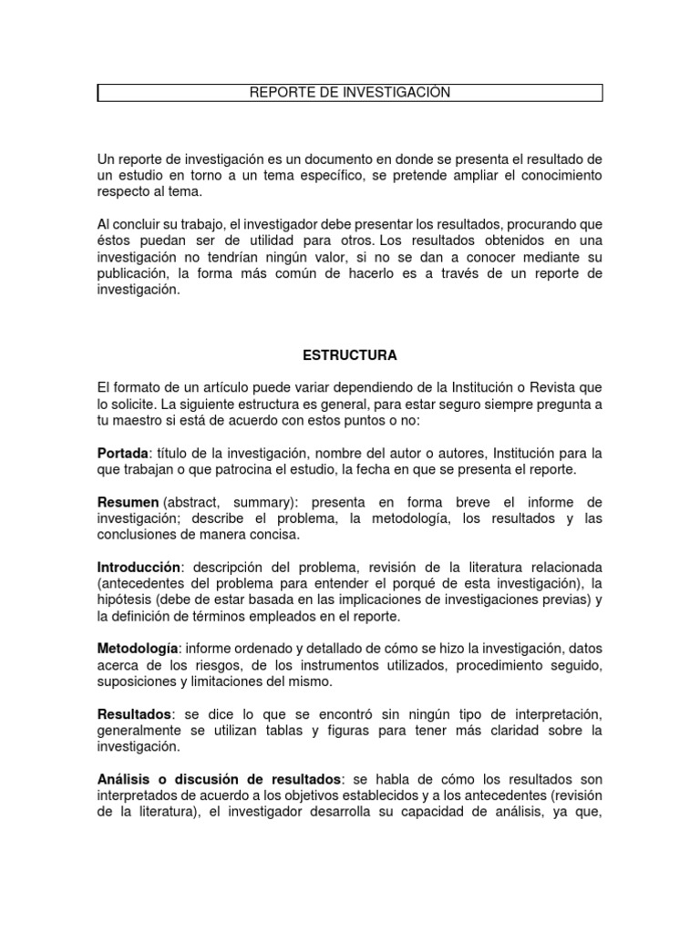 Estructura de un Reporte de Investigación | PDF | Conocimiento | Science
