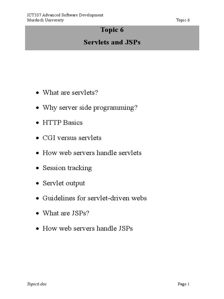 Topic 6 Servlets and JSPS: Ict337 Advanced Software Development Murdoch University Topic 6 | PDF ...