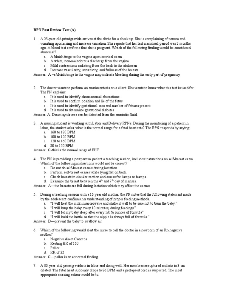 RPN Post Review Test | PDF | Childbirth | Insulin