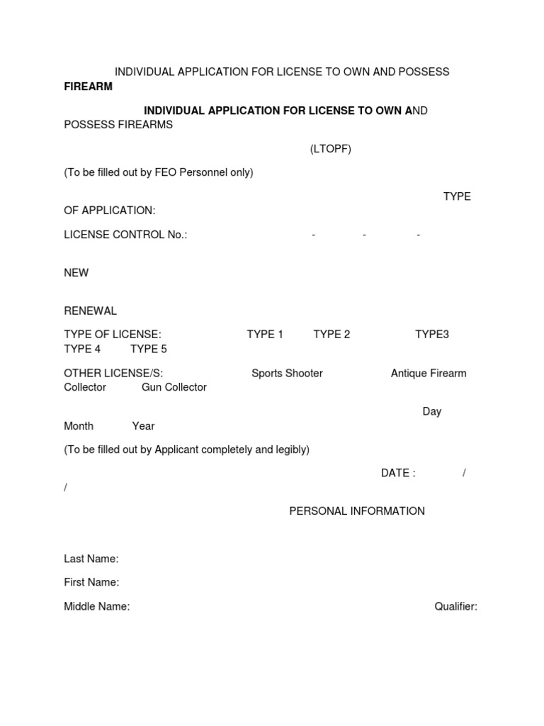 Individual Application For License To Own and Possess Firearm ...