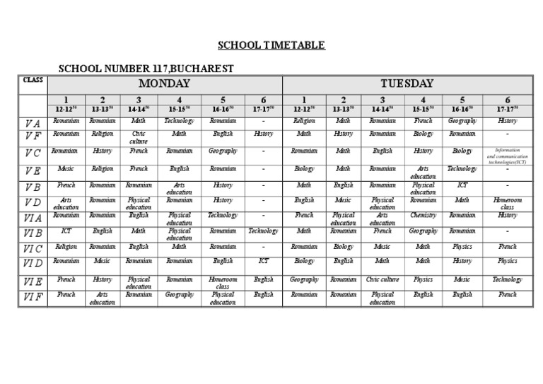 Monday Tuesday: School Timetable School Number 117, Bucharest | PDF ...