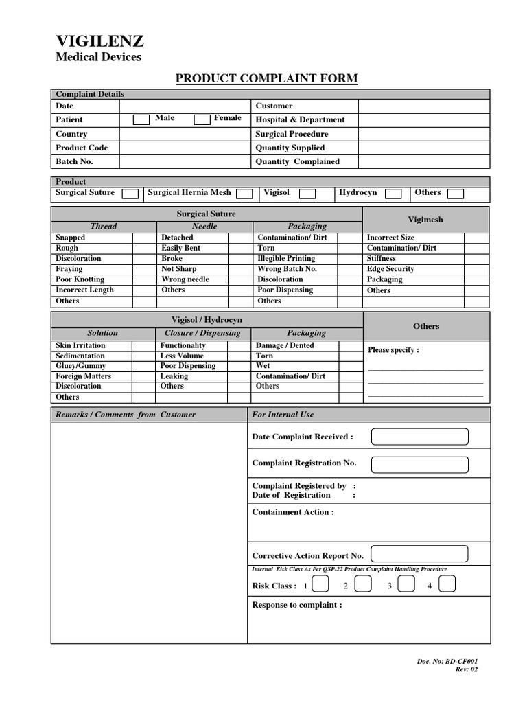 Medical Device Product Complaint Form | PDF | Surgical Suture | Surgery