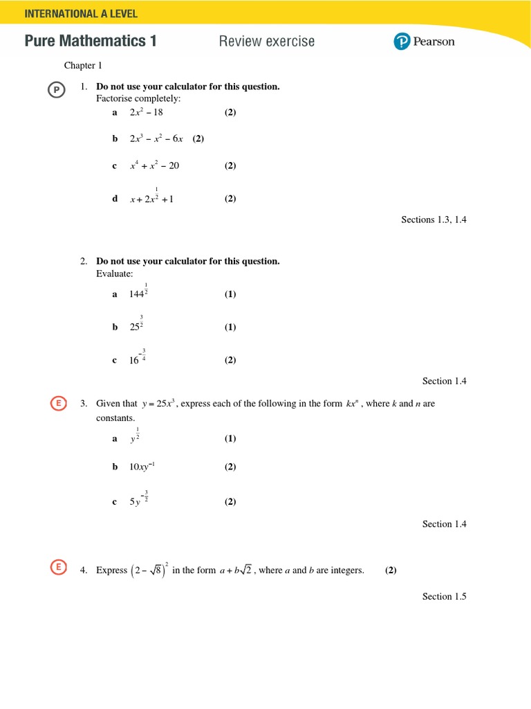 Ial Maths Pure 1 Review Exercise 1 | PDF | Equations | Function ...
