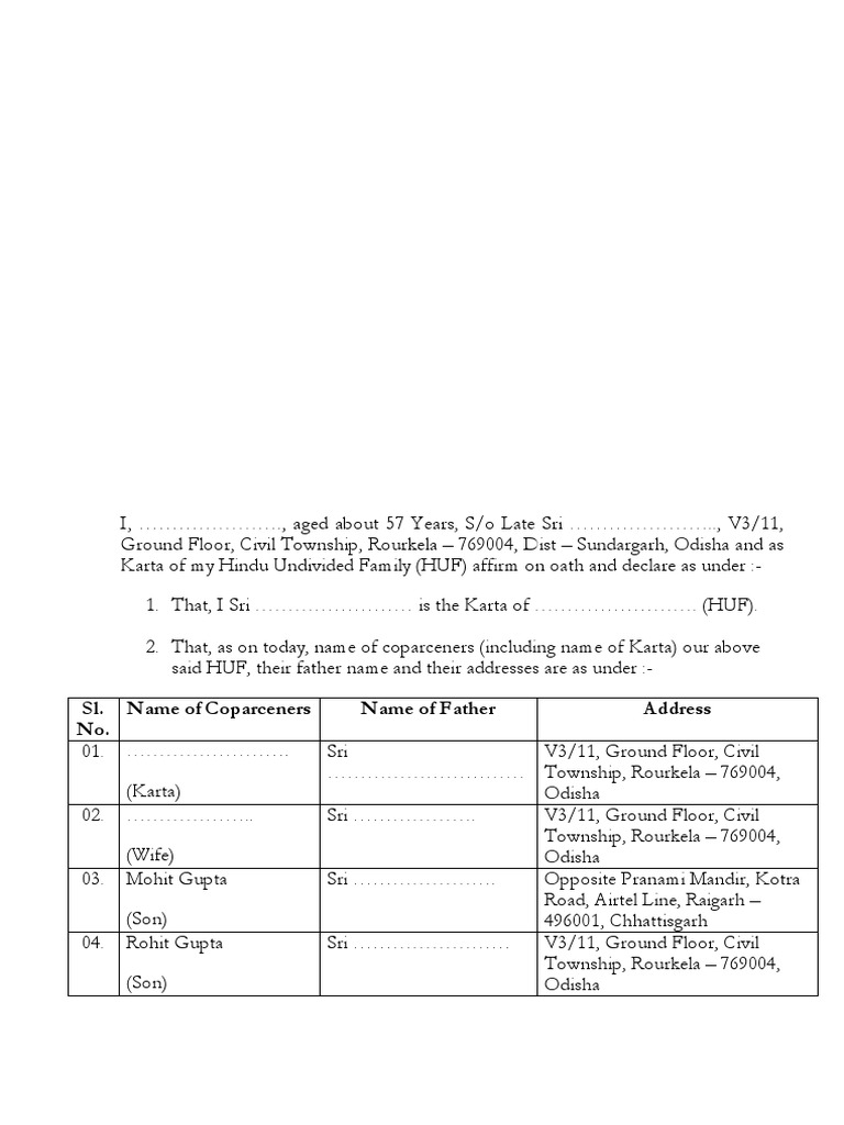 Details of Coparceners and Family Members of the [NAME] Hindu Undivided ...