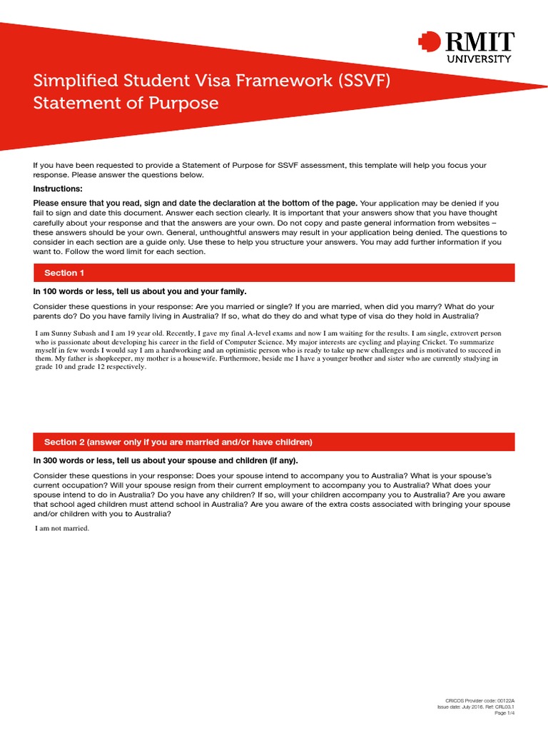 Simplified Student Visa Framework (SSVF) Statement of Purpose | PDF | Academic Degree | Computer ...