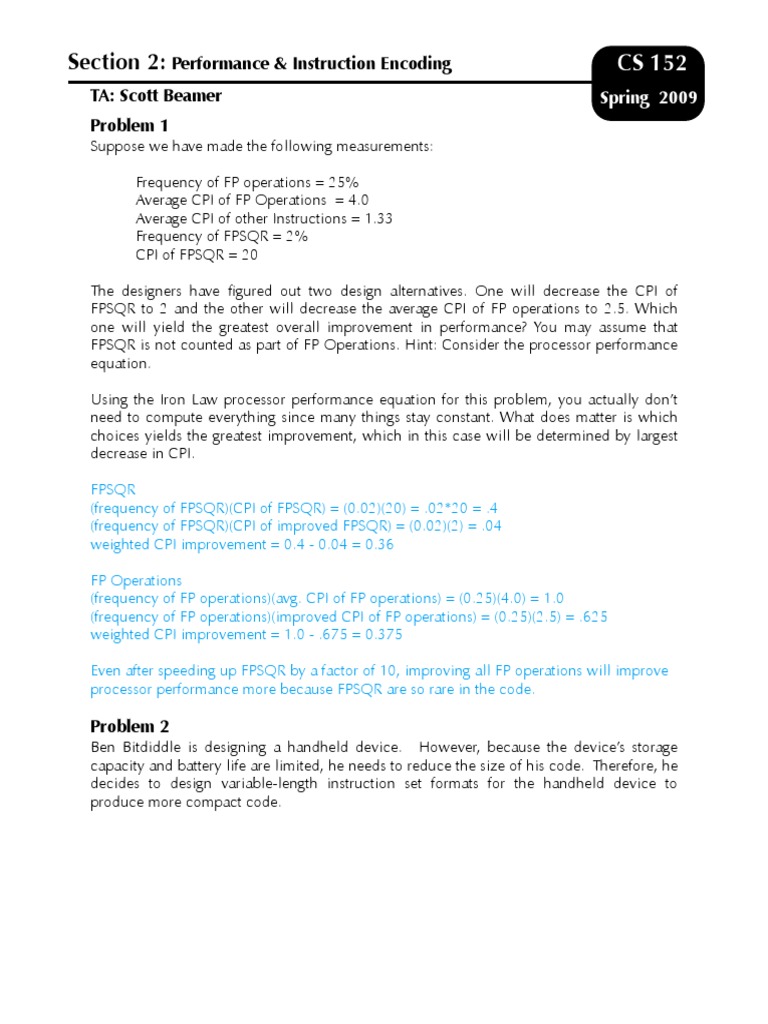 Section 2:: Performance & Instruction Encoding TA: Scott Beamer | PDF | Central Processing Unit ...