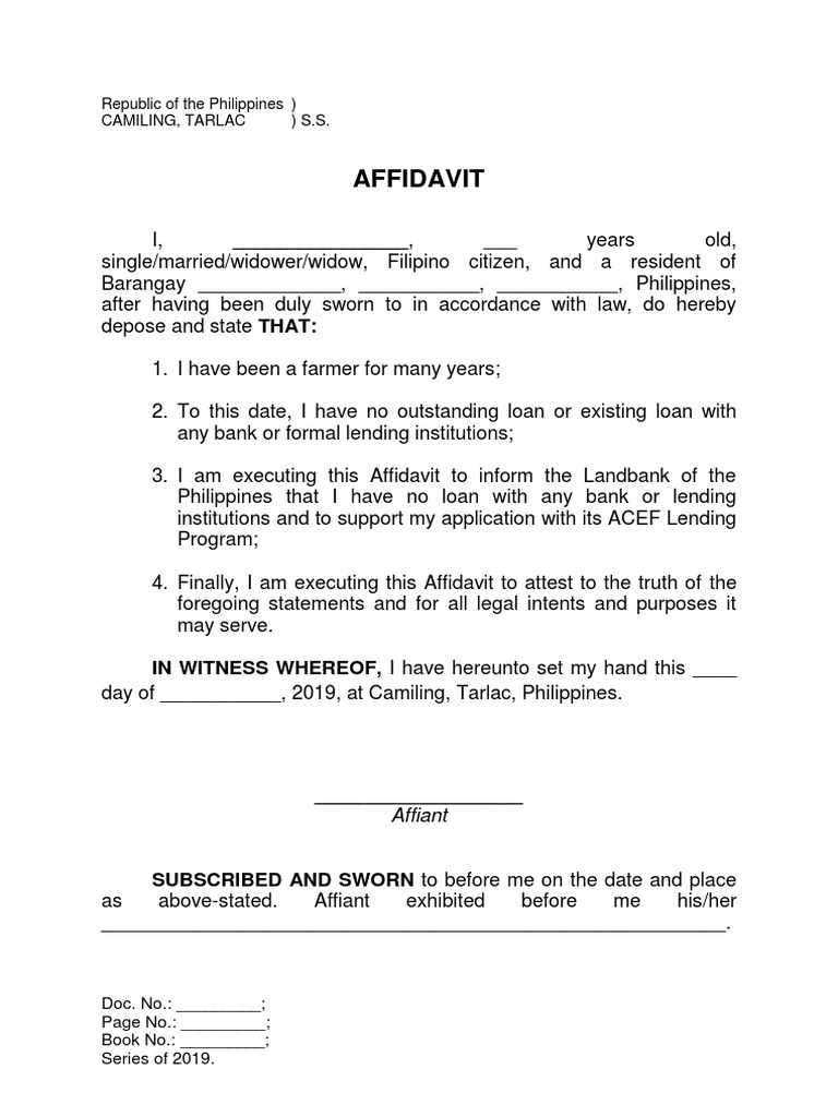 An Affidavit of No Outstanding Loans from a Farmer Applying for the ...