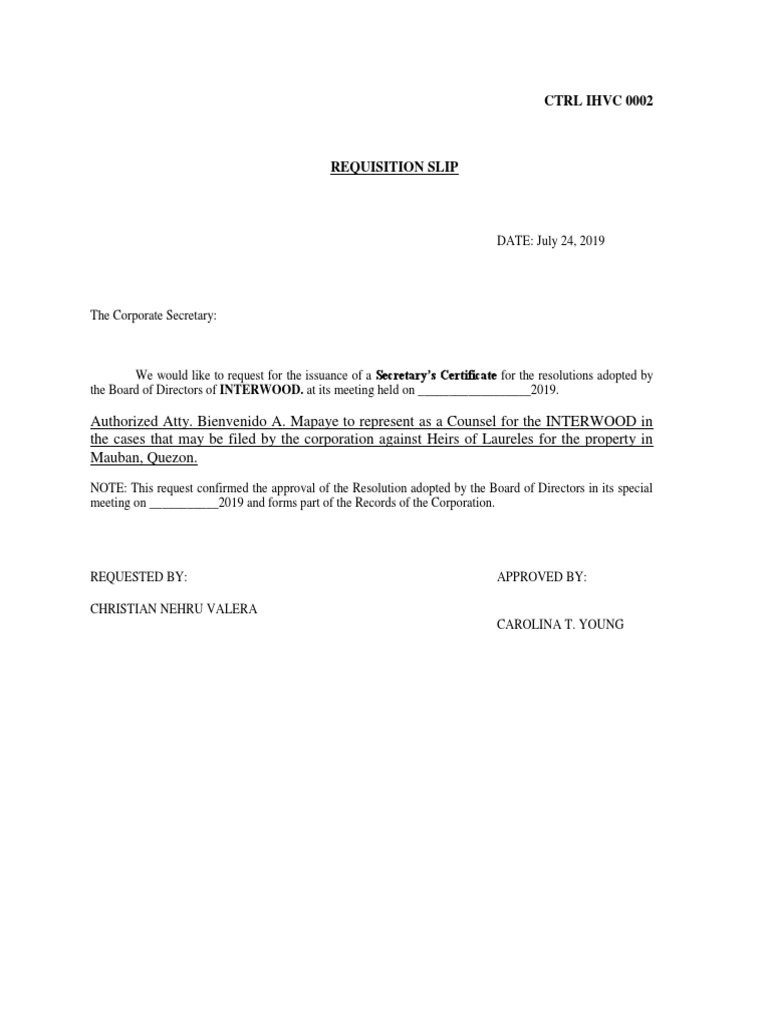 Secretary's Certificate Request | PDF
