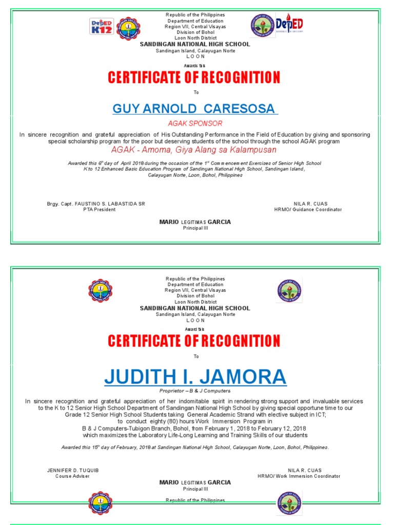 Work Immersion Recognition Awards | PDF | Behavior Modification | Food ...