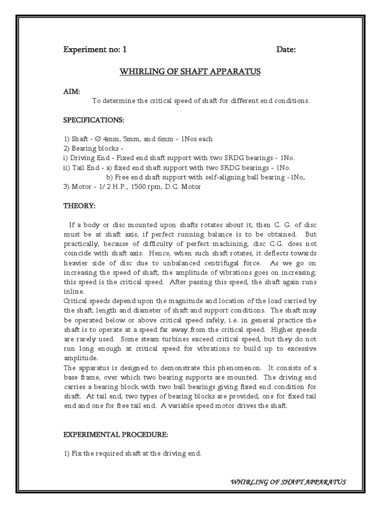 Whirling of Shafts Demonstration | PDF | Bearing (Mechanical) | Speed