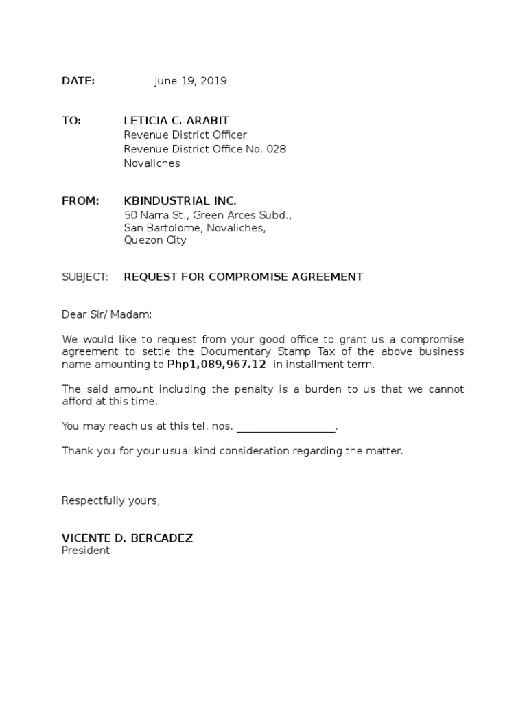 Request for Compromise Agreement BIR | PDF | Government Finances | Taxation