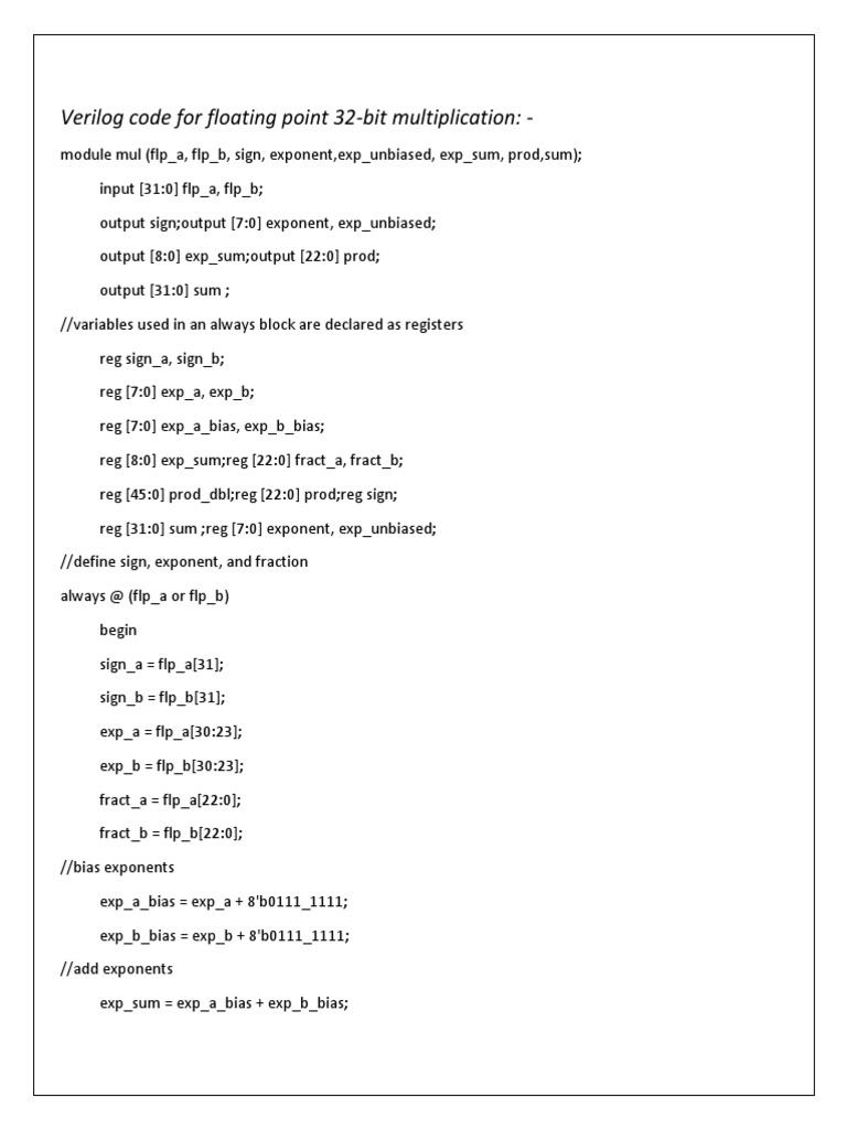 Verilog Code For Floating Point 32-Bit Multiplication | PDF ...