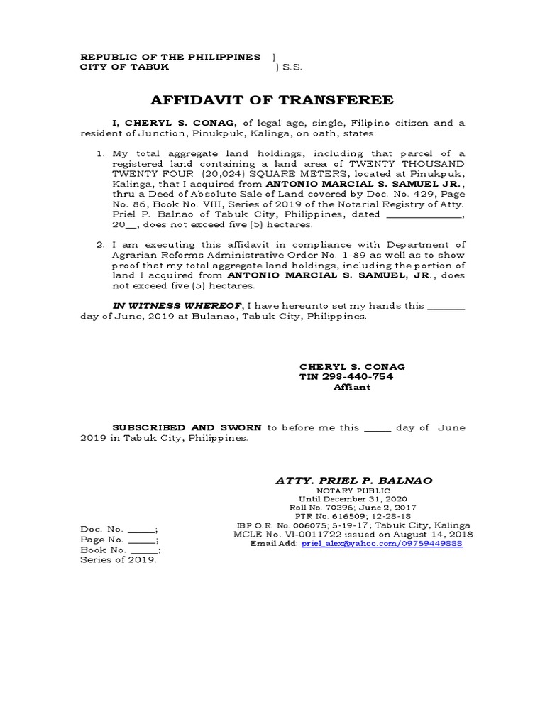 Affidavit of Transferee: Republic of The Philippines) City of Tabuk | PDF