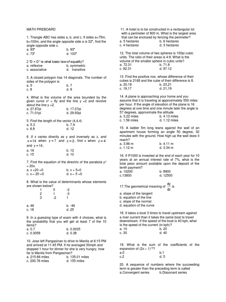 MATH Preboard 2 | PDF | Area | Pi