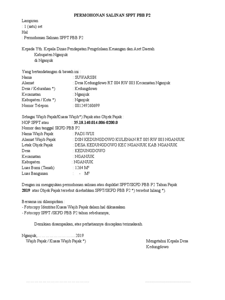 Contoh Surat Pengajuan Permohonan Salinan SPPT | PDF