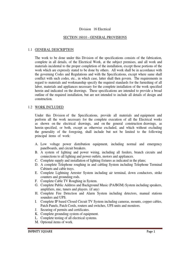 Electrical Systems for Infinity Square: Requirements for General ...