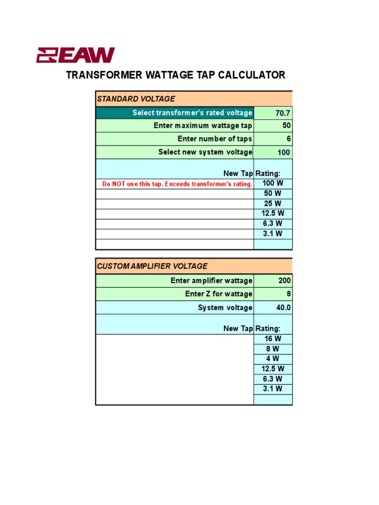 Transformer Wattage Tap Calculator: Standard Voltage | PDF