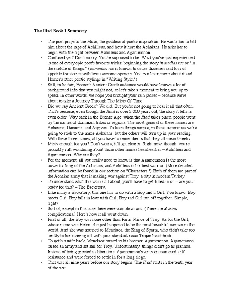 Iliad Book 1 Summary | PDF | Achilles | Iliad