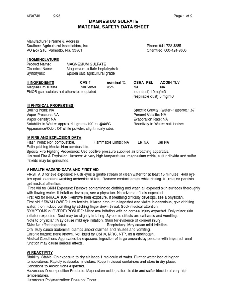 Msds MG Sulfat PDF | PDF | Magnesium | Sodium
