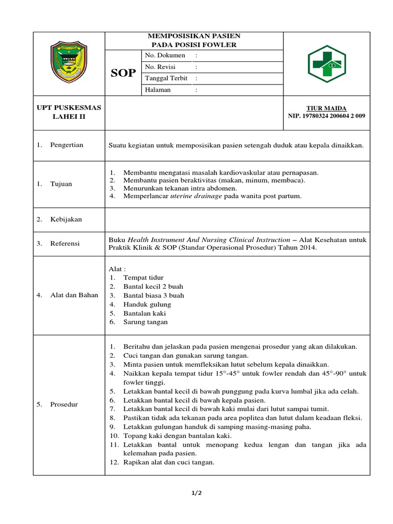 SOP Memposisikan Pasien Pada Posisi Fowler | PDF