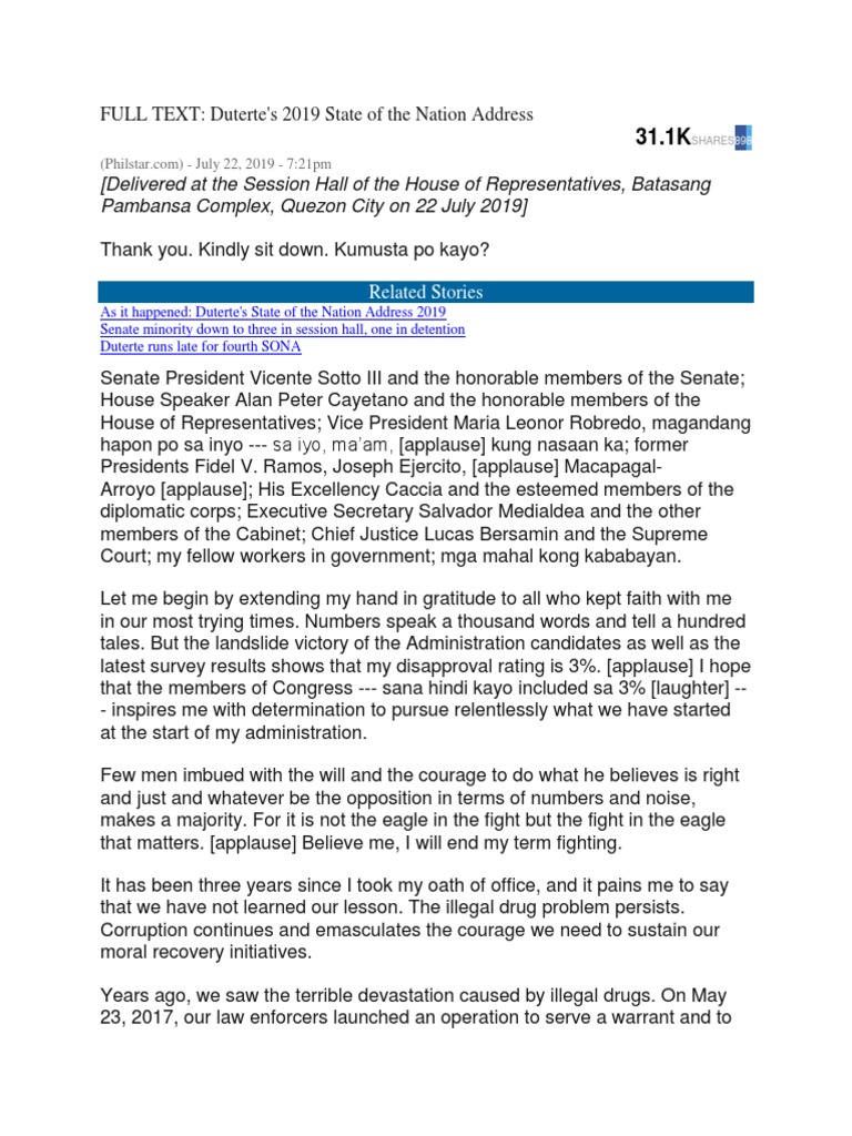 Delivered at The Session Hall of The House of Representatives, Batasang ...