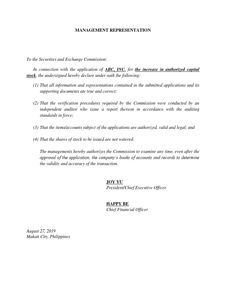 MANAGEMENT REPRESENTATION LETTER Sample PDF | PDF | Finance & Money ...
