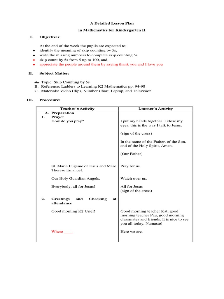 Detailed Lesson Plan in Mathematics For Kinder II | PDF | Prayer ...