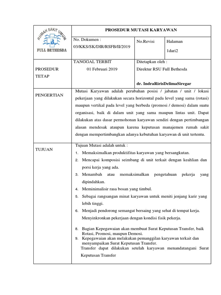 Prosedur Mutasi Karyawan RSU | PDF
