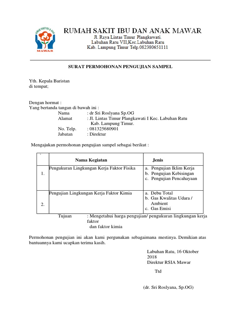 Surat Permohonan Pengujian Sampel | PDF