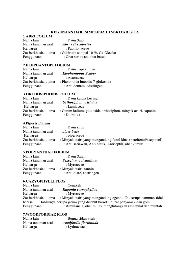 Kegunaan Dari Simplisia Di Sekitar Kita | PDF