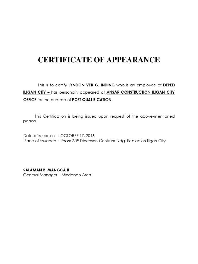 Certificate of Appearance for Post Qualification | PDF | Business