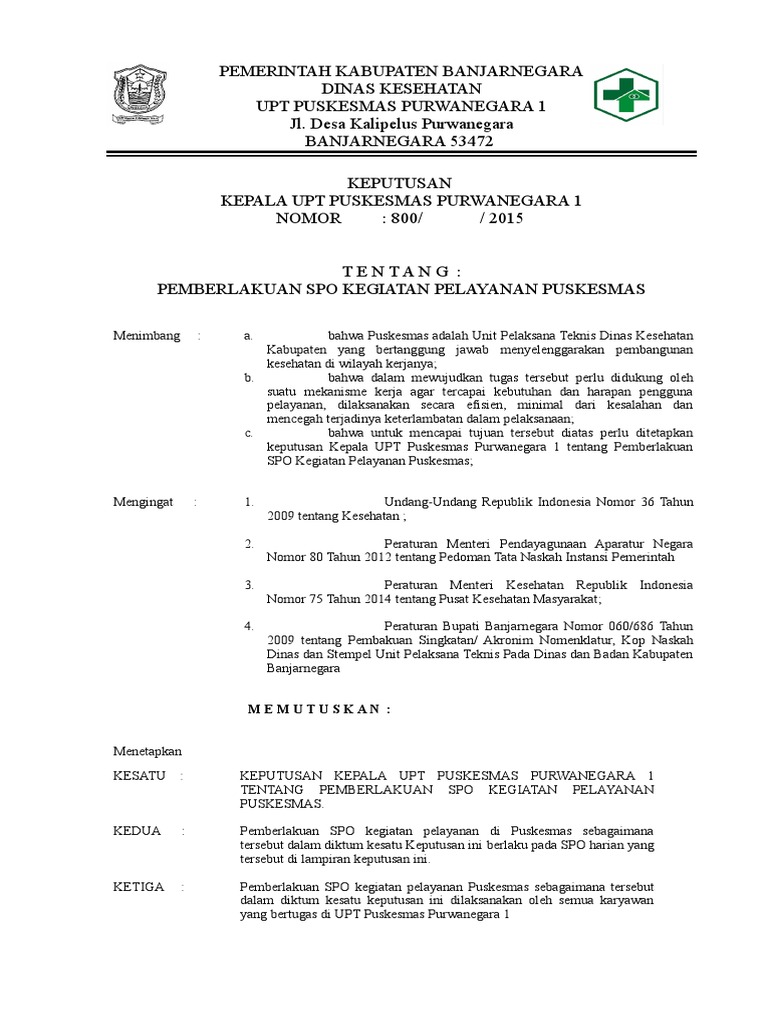 SK Pemberlakuan Spo Kegiatan Pelayanan Puskesmas | PDF